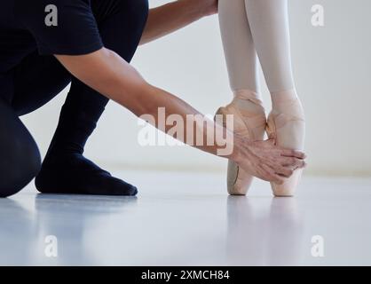 Ballet, student and teacher for training feet for position, correct ...