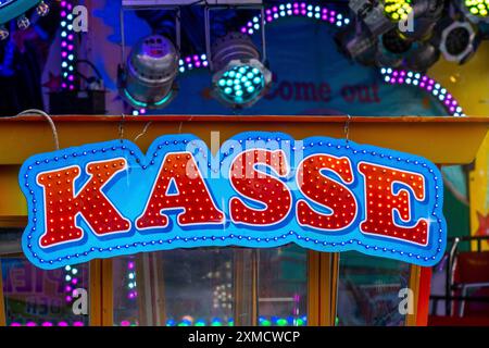 Funfair, fairground, illuminated sign for the cash desk of a fairground ...