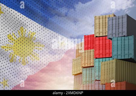 Philippines flag and big stack of shipping cargo containers in docks ...
