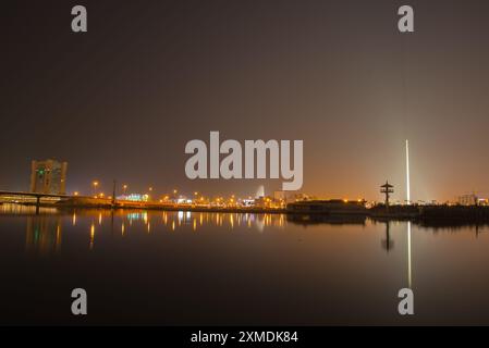 Night View of Jeddah Ruwais Area Featuring Jeddah Flagpole and Water ...