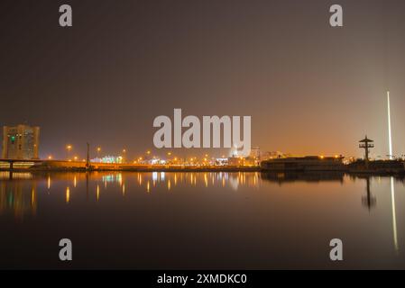 Night View of Jeddah Ruwais Area Featuring Jeddah Flagpole and Water ...