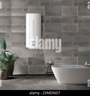 Modern tanked boiler in bathroom. Household smart water heater hanging ...