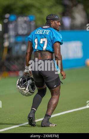 Carolina Panthers wide receiver Xavier Legette (17) warms up during a preseason NFL football ...