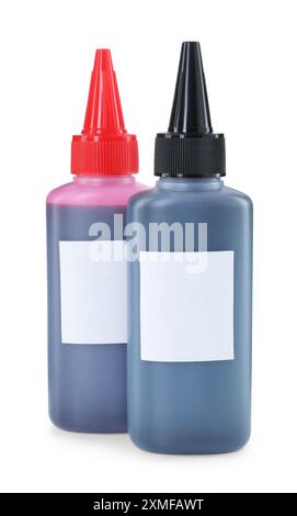 Bottles of different printer ink isolated on white Stock Photo - Alamy