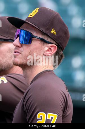 San Diego Padres' Bryce Johnson smiles at the end of the fourth inning ...