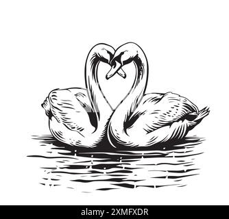 Pair of swans in the lake hand drawn sketch in doodle style ...