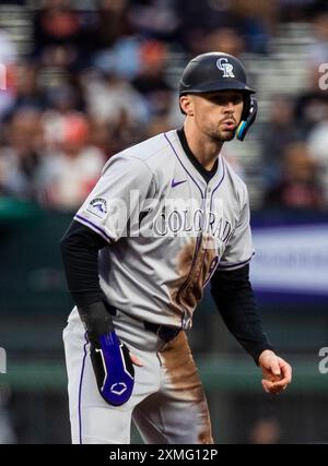 Colorado Rockies outfielder Brenton Doyle (9) scores their first run ...