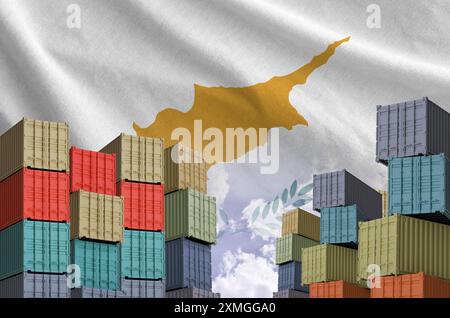 Cyprus flag and big stack of shipping cargo containers in docks with ...