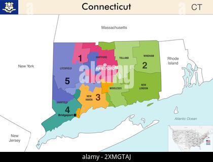 Connecticut state counties colored by congressional districts vector ...
