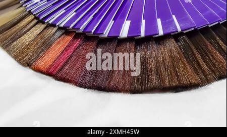 A palette of hair colors made from artificial strands on a white ...