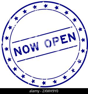 Grunge blue now open word rubber seal stamp on white background Stock ...