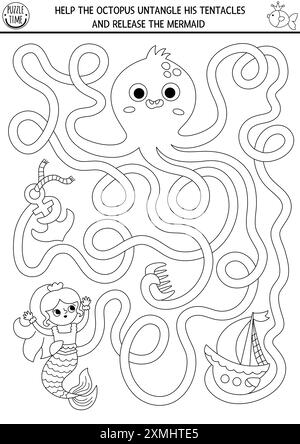 Under the sea black and white maze for kids geometrical sea horse, fish ...