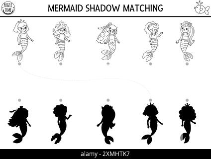Mermaid black and white shadow matching activity with merman, treasure ...