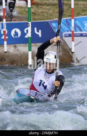 Luuka Jones of New Zealand in action during the Women’s Canoe Slalom K1 ...