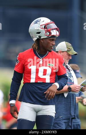 New England Patriots quarterback Joe Milton III (19) celebrates with ...