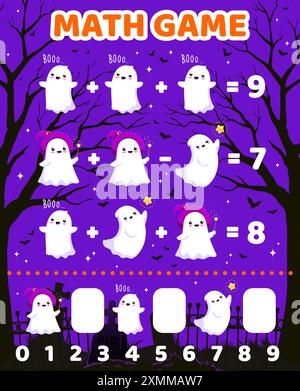 Math game worksheet with kawaii ghost characters. Vector mathematics ...