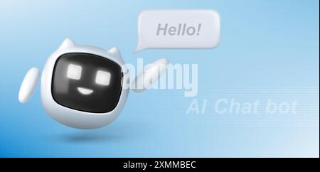 Cute friendly robot with welcome speech bubble on pastel blue ...