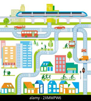 City overview with traffic and houses, information illustration Stock ...