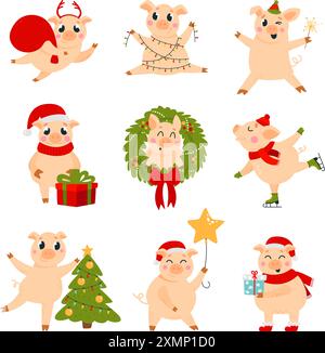 Christmas holidays pigs, new year party pig characters. Winter festive ...