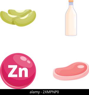 Zinc tablet icons set cartoon vector. Food product with high content of ...