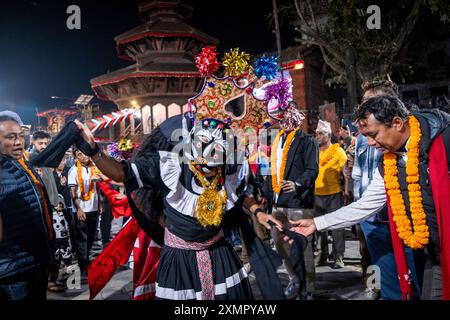 Traditional male Nepalese dancers representing female goddesses ...