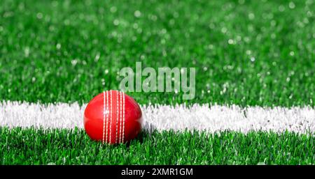 Cricket red ball with natural lighting on blue background. Horizontal ...