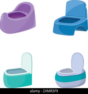 Colorful collection of four cartoonstyle baby potty chairs isolated on ...
