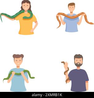 Set of diverse individuals holding friendly cartoon snakes with smiles ...