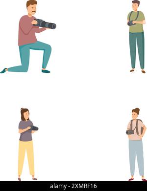 Illustration of diverse cartoon photographers holding cameras, posed to ...