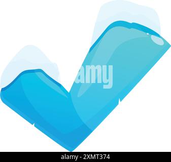 Blue check mark covered with snow symbolizing winter, approval or ...