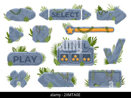 Set stone game menu panels, textured ui frames interface template in comic cartoon style ...