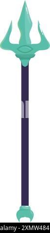 Magic staff with turquoise trident and eye on top is standing upright on white background. Magic ...