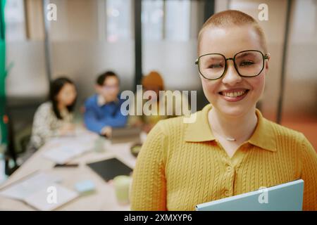 stylish smiling man with eyeglasses standing at decoration with white ...