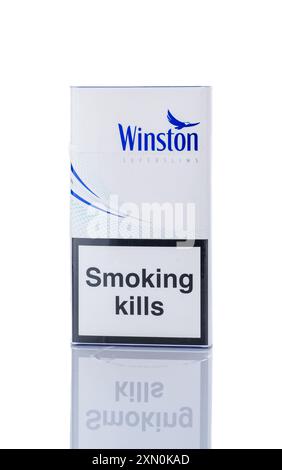Winston Blue cigarettes pack with warning "Smoking kills Stock Photo ...