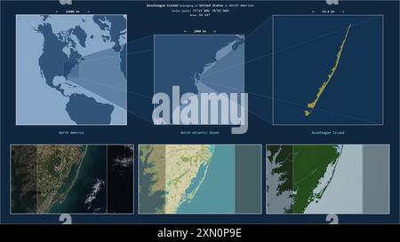 Assateague Island in the North Atlantic Ocean on a topographic, OSM ...