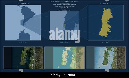 Chiloe Island in the South Pacific Ocean on a colored elevation map ...