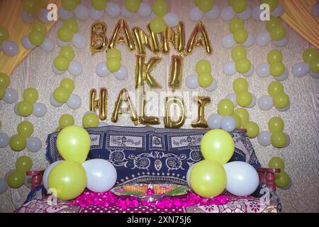 Indian wedding decoration with haldi (meaning - turmeric). Use of white ...