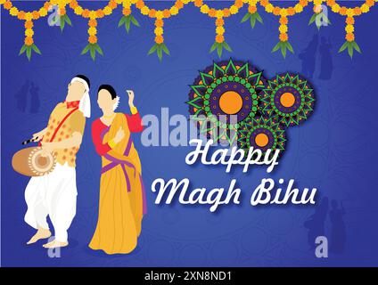 Vector illustration poster of happy magh bihu image. drum, shehnai and ...