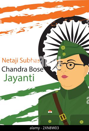 Vector illustration poster of netaji subhash chandra bose on indian tricolor flag background ...