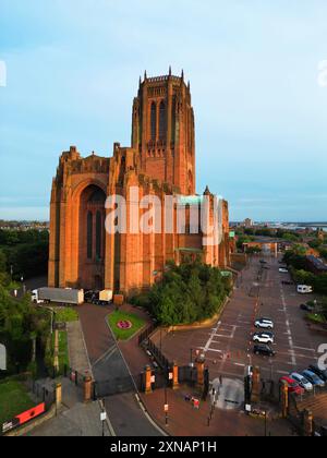 A drone shot of the cityscape with the Liverpool Cathedral in Liverpool ...