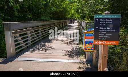 Trail sign and boardwalk at Muir Beach, Marin County, California USA ...