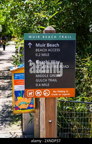 Trail sign and boardwalk at Muir Beach, Marin County, California USA ...