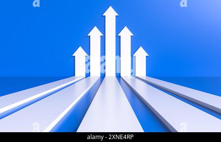 Five white arrows pointing up on blue background indicate growth 3d ...