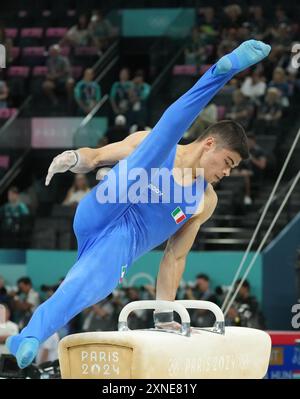 Yumin Abbadini, of Italy, performs on the pommel horse during the men's ...