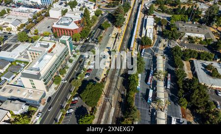 Aerial view of Palo Alto Transit Center served by Caltrain rail service ...