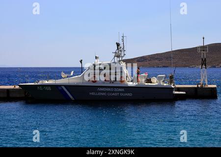 Livadia harbour with Hellenic Coast Guard boat moored, Tilos Island ...