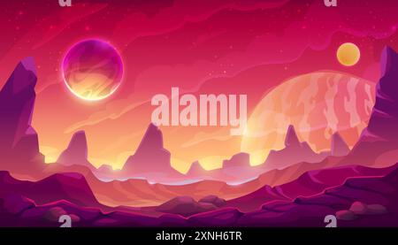 Cartoon red space background with glowing galaxy nebula and flying ...