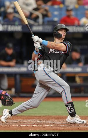 Kyle Stowers #28 of the Miami Marlins at bat during a game against the ...