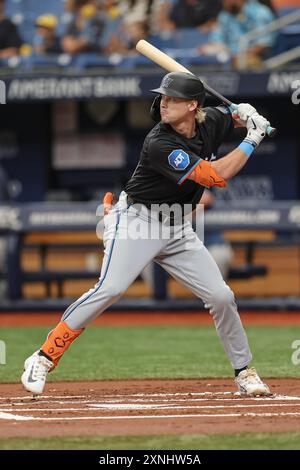 Miami Marlins left fielder Kyle Stowers (28) watches a two-run home run ...