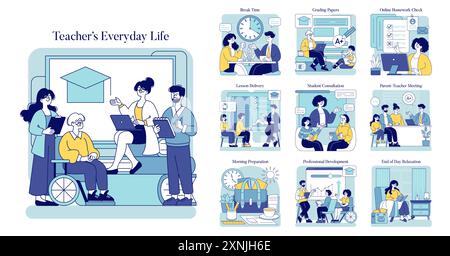 Teacher's Everyday Life set. Classroom activities, grading, consulting ...